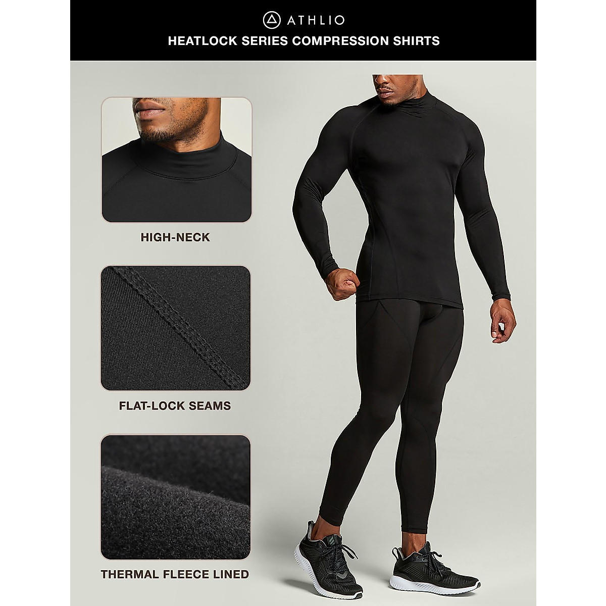 ATHLIO Men's Thermal Long Sleeve Compression Shirts, Turtle/Mock Winter Sports Base Layer, Active Running Shirt, Active Shirts 3pack Black/Black/Black, Medium
