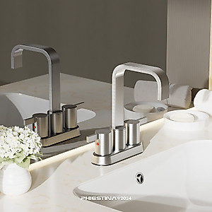 Phiestina Waterfall Bathroom Sink Faucet, Brushed Nickel 4 Inch 2 or 3 Hole Centerset RV Bathroom Faucet, with Swivel 360 Degree Spout, Metal Pop-Up Drain and Water Supply Lines, BF040B-1-BN