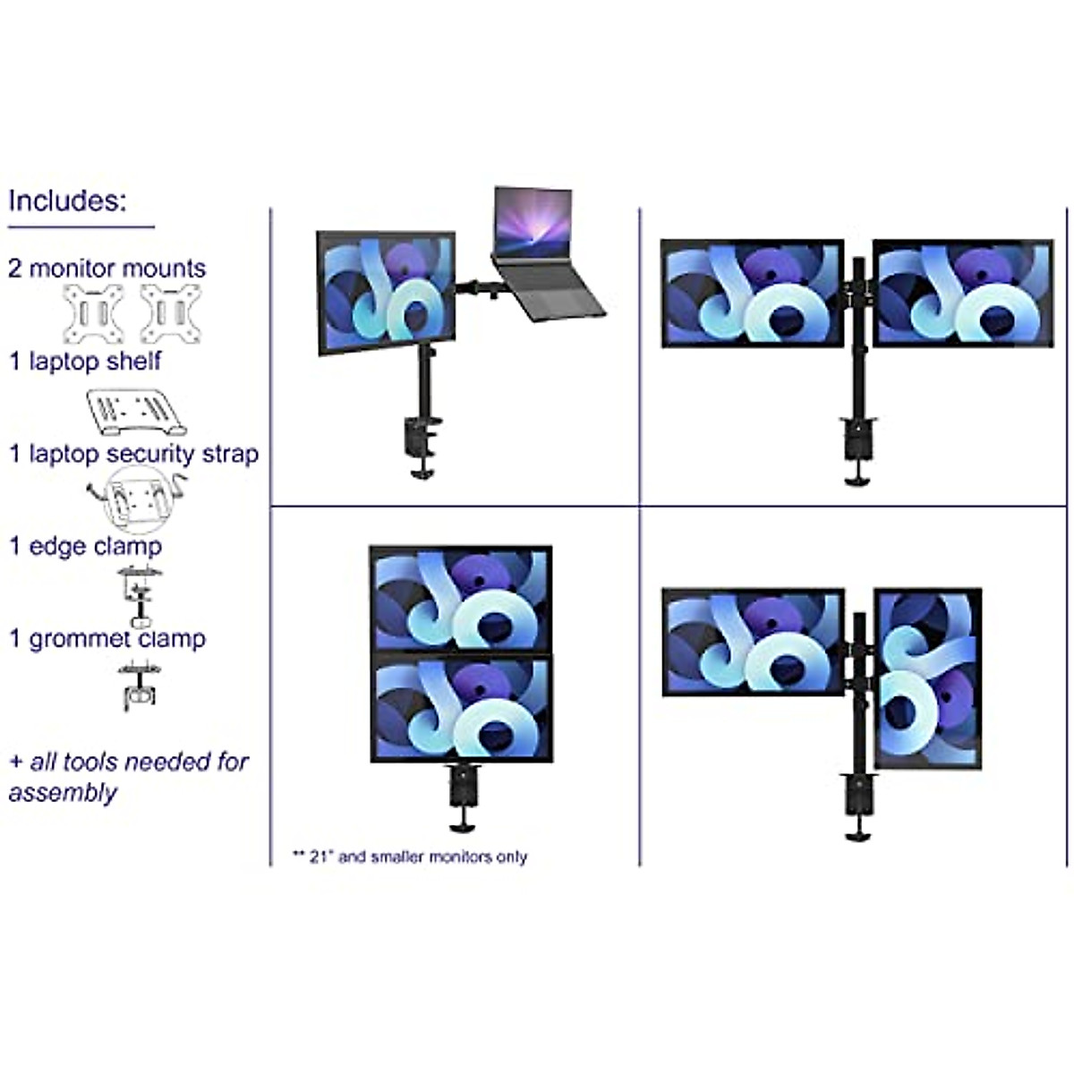 Stand Up Desk Store Convertible Clamp-On Laptop and Monitor Stand/Dual Monitor Mount (Black, 13" to 32" Monitor, up to a 17" Laptop)
