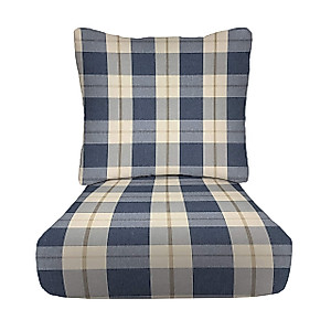 RSH DECOR: Deep Seating Cushion with Pillow Back | 24” x 27” Seat | All-Weather Spun Fabric | Water and Fade-Resistant | Outdoor Chair Cushion Set for Patio Furniture | Branson Lapis Plaid