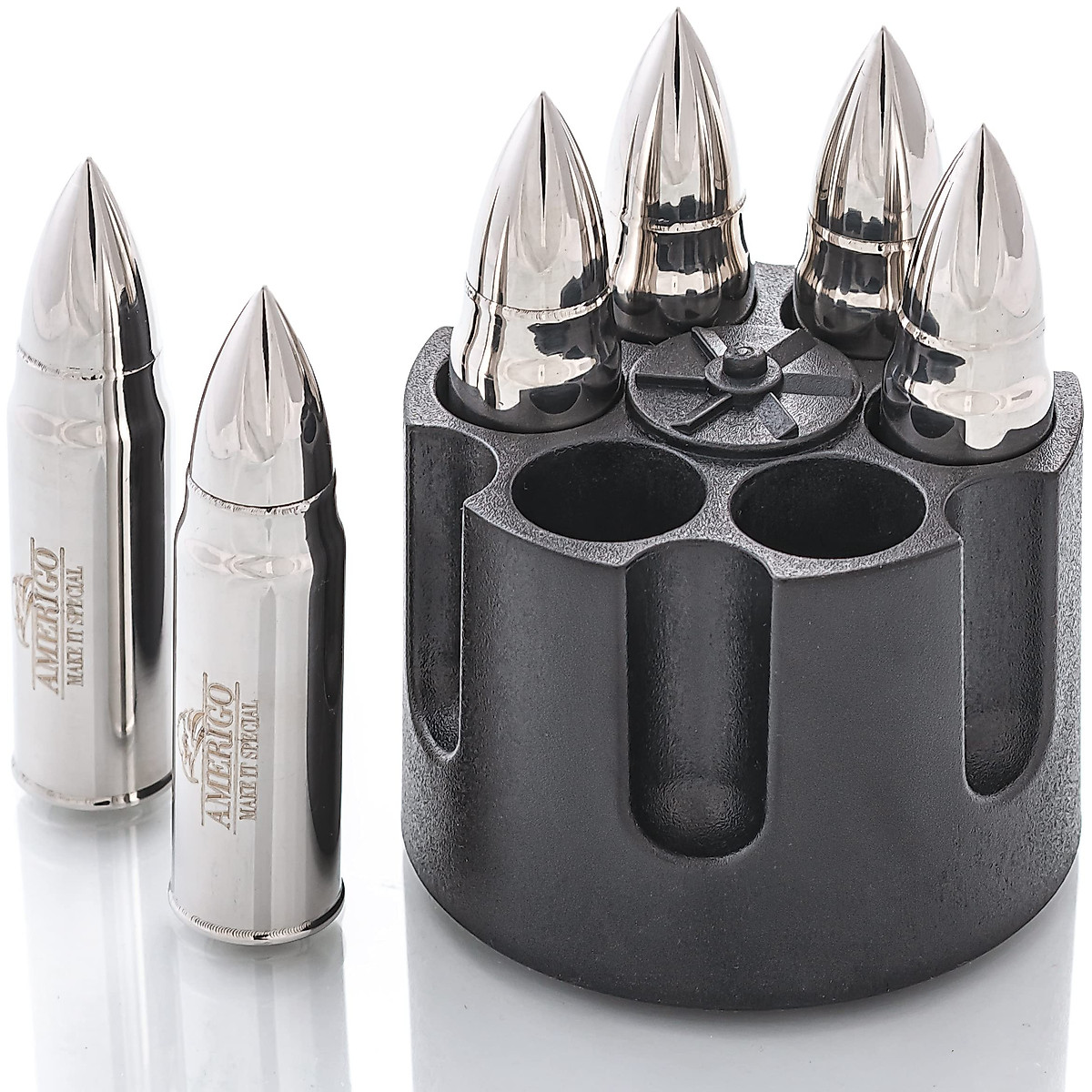 Whiskey Stones Bullets with Base - Silver XL Whiskey Ice Cubes Reusable for Men - Set of 6 Whiskey Bullets Stainless Steel in Revolver Base - Chilling Whiskey Rocks Gift Set by Amerigo