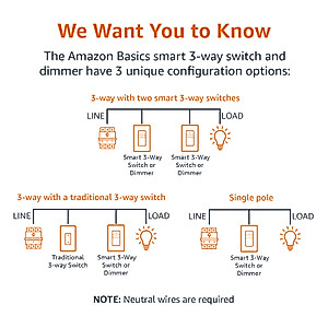 Amazon Basics 3-Way Smart Dimmer Switch, Neutral Wire Required, 2.4 Ghz WiFi, Works with Alexa