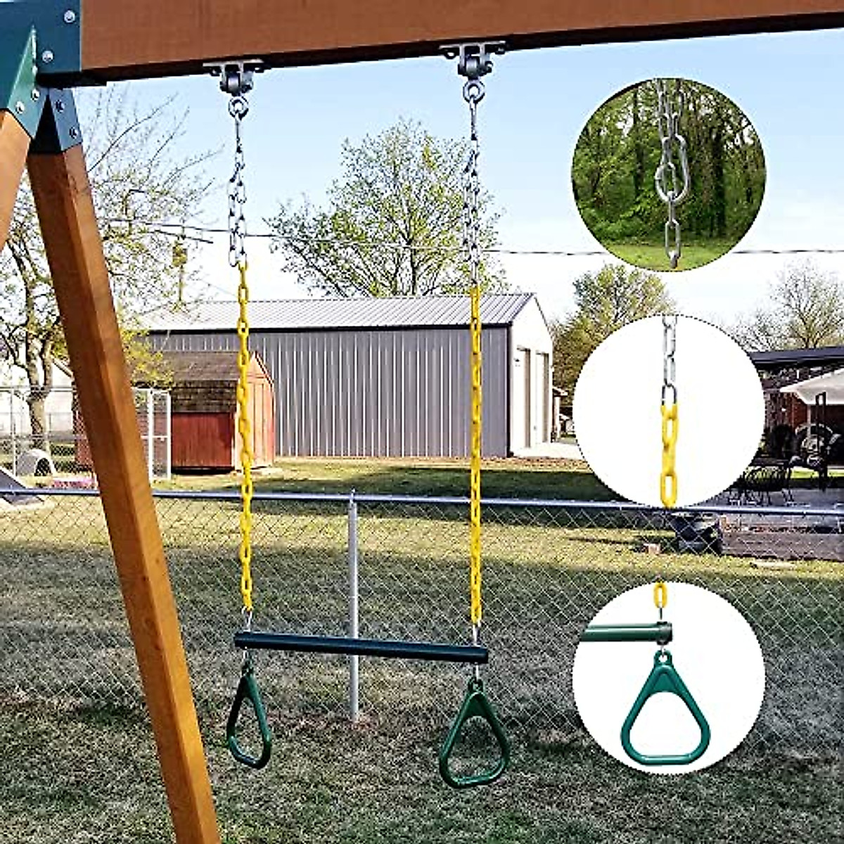 Take Me Away 18'' Trapeze Swing Bar Rings 48'' Heavy Duty Plastic Coated Chains Swing Set Accessories Playground Swing seat, Green