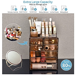 COMVTUPY Clear Makeup Organizer with Brush Holder, Large Acrylic Cosmetic Display Jewelry & Make Up Organizers and Storage for Vanity, Bathroom (3 Large, 4 Small Drawers, Brown)