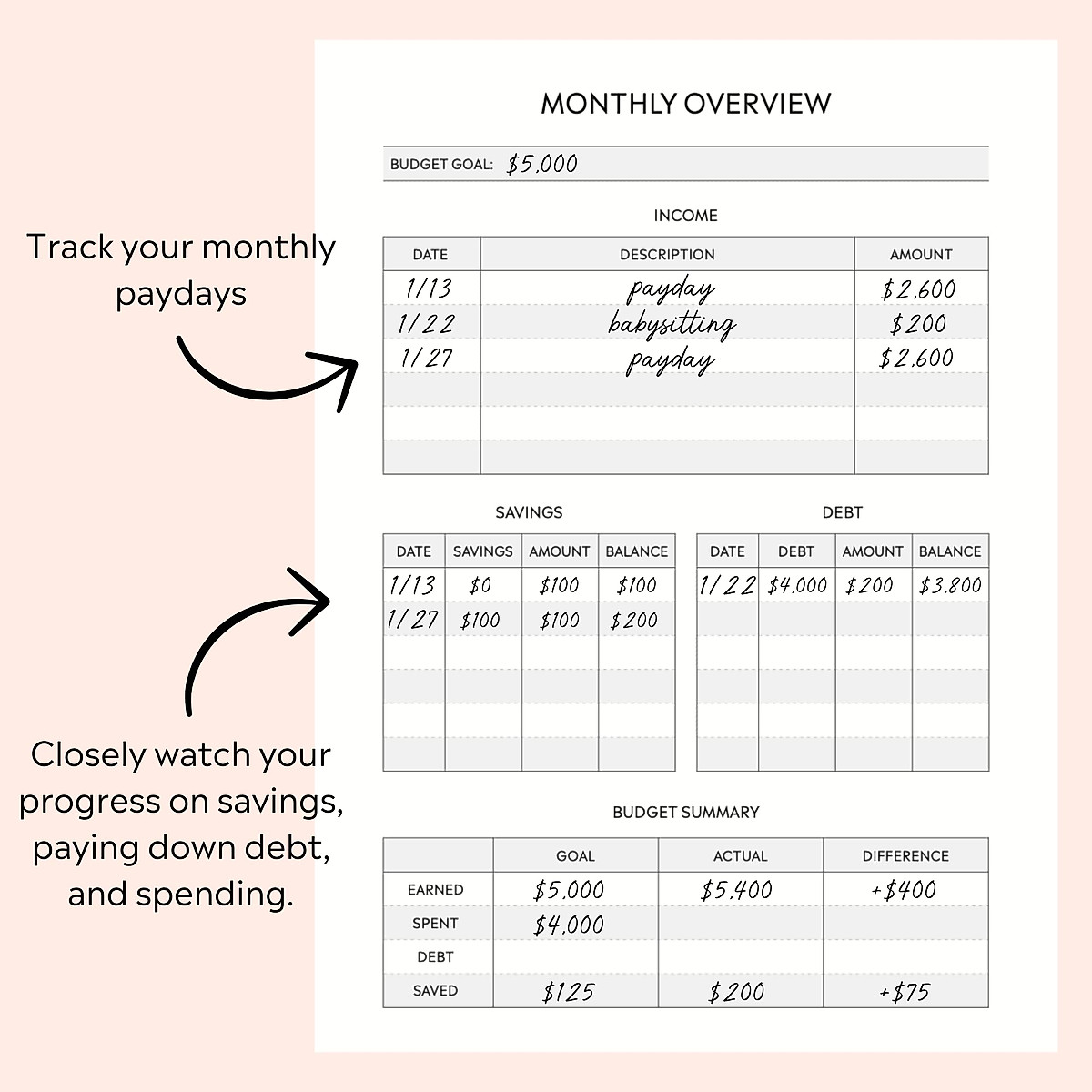 Elyse Breanne Design Budget Planner • Undated monthly finance organizer with daily expense tracker • Includes sticker sheet and built-in pocket for organizing bills and receipts
