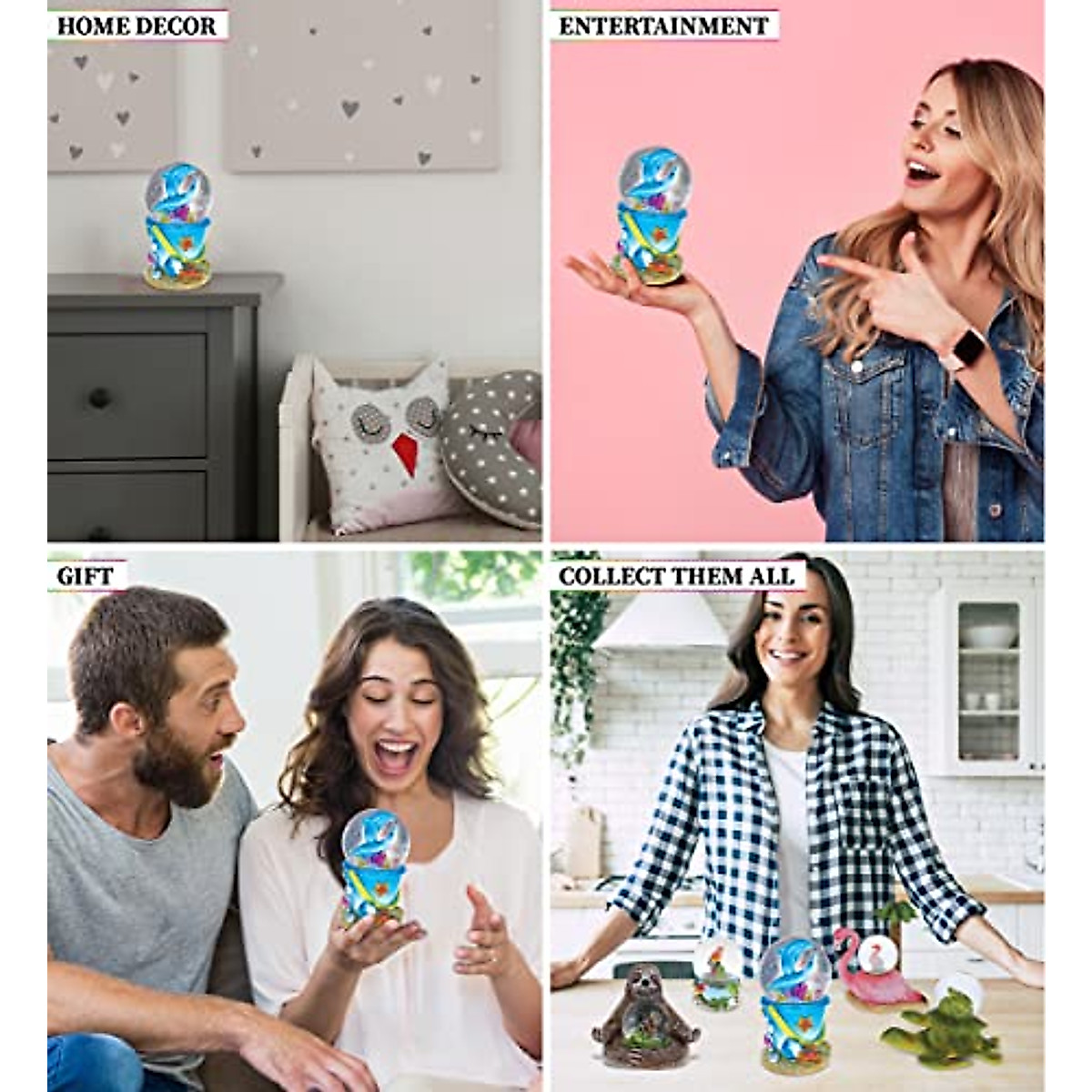 COTA Global Dolphin Sand Bucket Snow Globe - Water Globe Figurine with Sparkling Glitter, Collectible Novelty Ornament for Home Decor, for Birthdays, Christmas, and Valentine's - 65mm