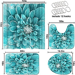 DuoBaorom 4 Pieces Set Dahlia Flower Shower Curtain Set Teal Bath Floral Picture Art on Non-Slip Rugs Toilet Lid Cover Bath Mat and Bathroom Curtain with 12 Hooks 72x72inch