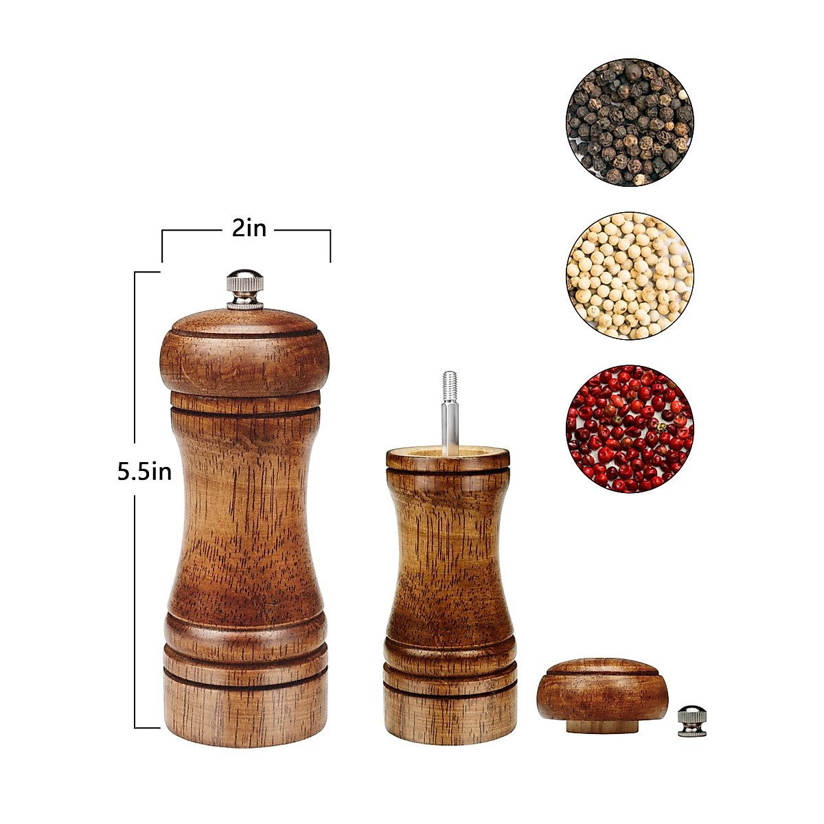 Gulex® Wood Pepper Grinder Pepper Mill, Adjustable Coarseness 5.5 Inches Retro Style Wooden Peppermill, Ceramic Grinding Mechanism Salt Mill Refillable