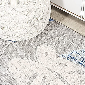 JONATHAN Y AMC113A-3 Monstera Tropical Leaf High-Low Indoor Outdoor Area-Rug, Coastal Floral Transitional Easy-Cleaning,Bedroom,Kitchen,Backyard,Patio,Non Shedding, 3 X 5, Light Gray/Navy