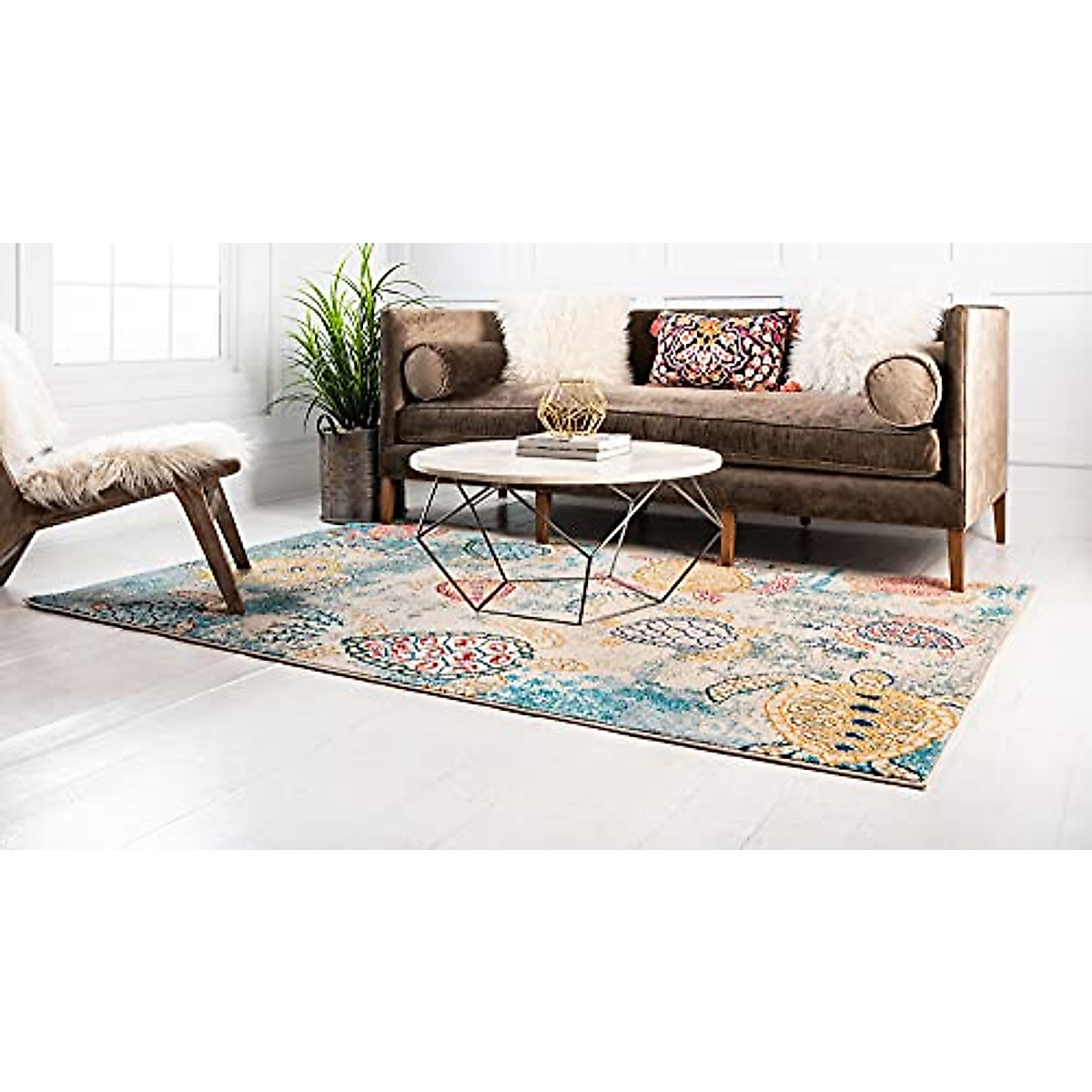 Unique Loom Positano Collection Coastal Modern Turtles Beige Area Rug (5' x 8')