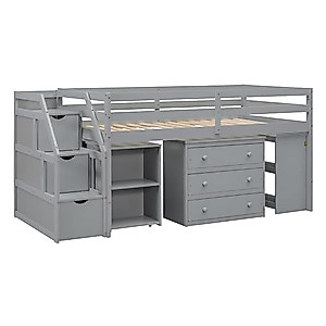 VilroCaz Twin Size Low Loft Bed with Retractable Writing Desk and 3 Drawers, Wooden Loft Bed Frame with Storage Stairs and Shelves for Kids Teens Boys Girls, Sturdy Slats Support (Grey-SRT)