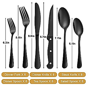 48-Piece Black Silverware Set with Steak Knives, Stainless Steel Flatware Cutlery Set for 8,Stain Finish Tableware Kitchen Utensil Set Includes Spoons Forks Knives, Dishwasher Safe