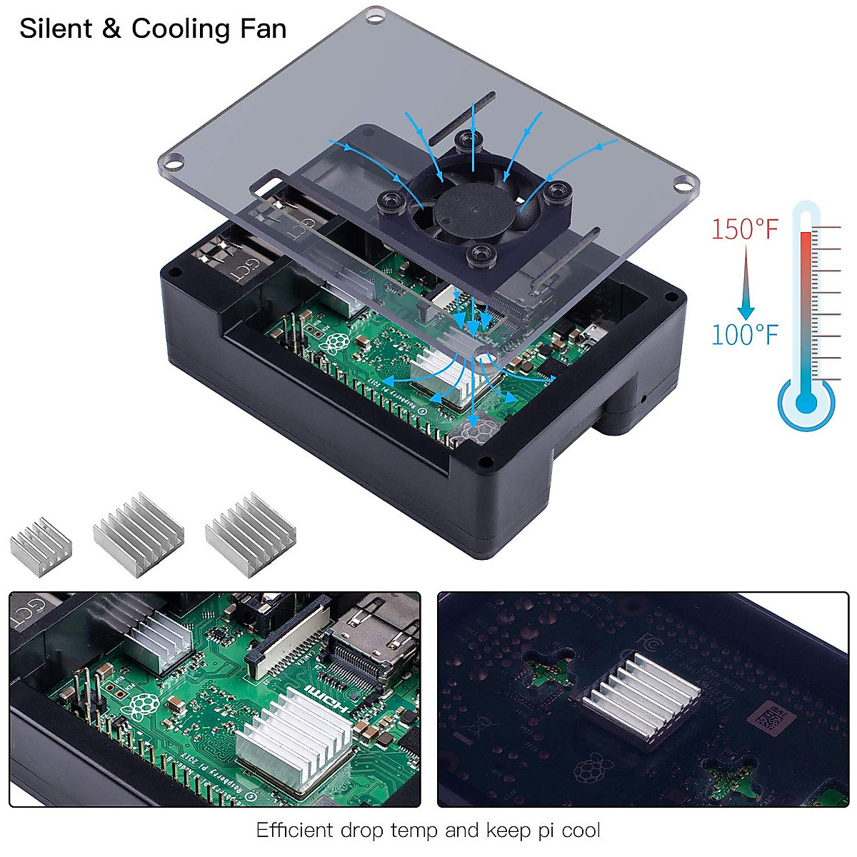 Smraza Case for Raspberry Pi 3 B+ with Fan, RPI Heatsinks, 5V 3A Power Supply for Raspberry Pi 3 Model B+(B Plus), Compatible with Raspberry Pi 3 Model B, Pi 2 Model B (4 Layers Case)