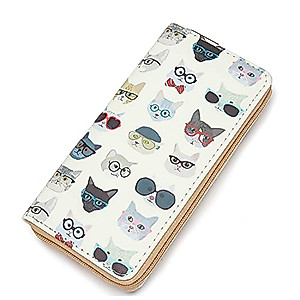 Ecohaso Women Zip Around Organizer Wallet PU Clutch Long Purse Cartoon Printed Wallet (Cats)