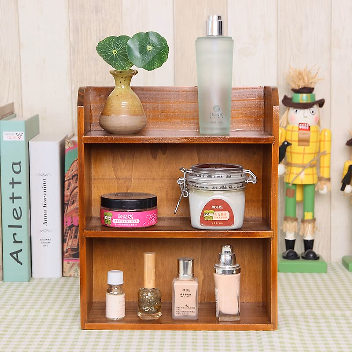 Okllen 3 Tier Spice Rack, Multi-Functional Wood Storage Organizer, Countertop Bathroom Organizer Rack Stand for Vanity, Bedroom, Closet, 10" Lx4.3 Wx12 H, Wall Mounted, Brown