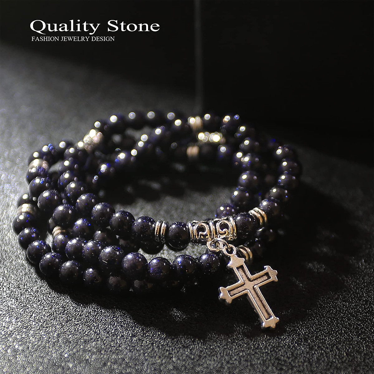 KS-WORKSHOP 108 Beads 6MM Wrap Bracelet for Women Handmade Stretch Long Chain Quality Stone Black Blue Sandstone Beaded Girls Charm Christ Pendant Semi-Precious Perfect Valentine's Gift Birthday