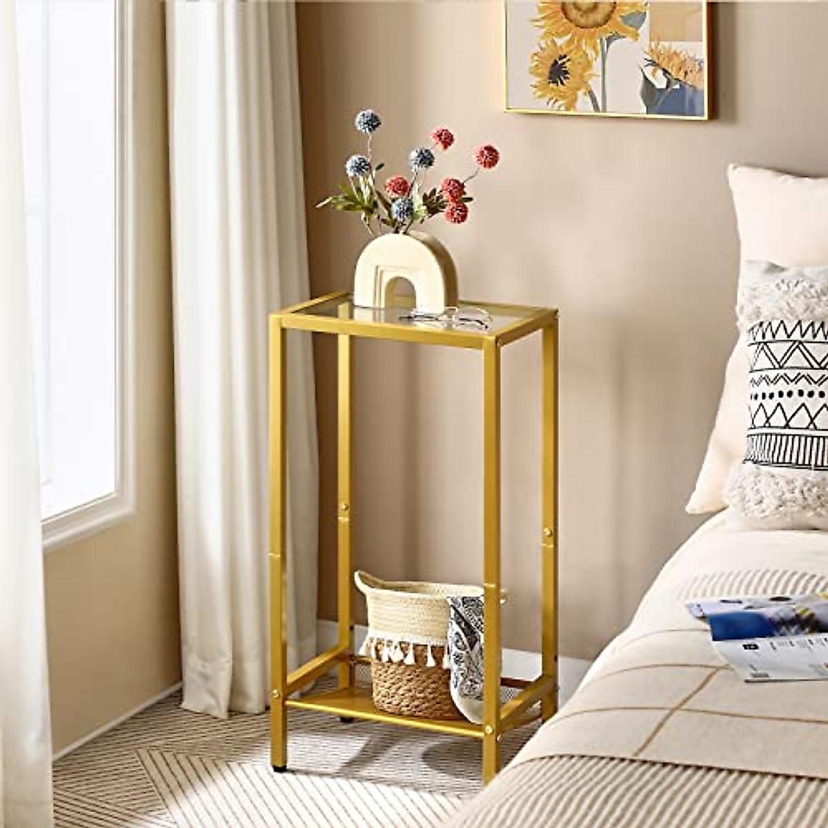 HOOBRO Tall Side Table, Morden Tempered Glass End Telephone Table with Adjustable Mesh Shelves, Small Entryway Table, Laptop Table for Office, Hallway, Living Room, Gold GD03DH01
