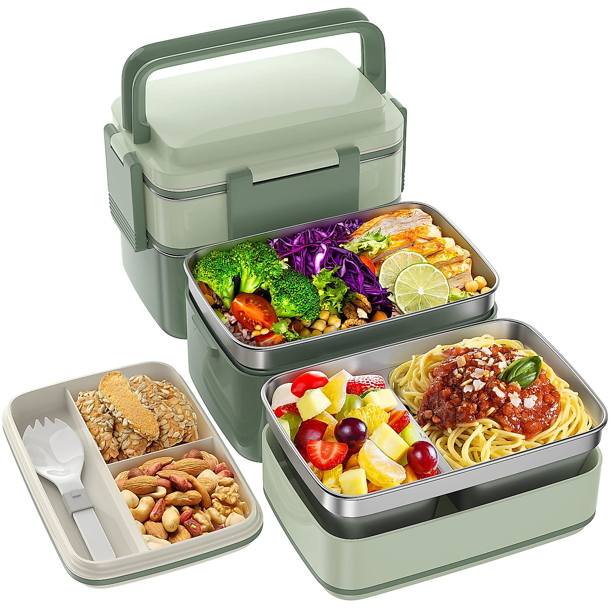 JSCARES Stainless Steel Bento Box Adult Lunch Box, 3 Stackable Bento Lunch Containers, Portable Modern Style Adult Bento Box, Leakproof 51OZ Bento Lunch Box for Kids and Adults (Green)
