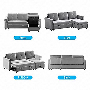 Mjkone 3 Seat L-Shape Sectional Sofa Couch with Pull Out Bed and Reversible Storage Chaise, Modern 84 Inch Sleeper Sofa with Breathable Velvet Fabric for Living Room, Light Gray