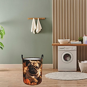 FeHuew Pug on Autumn Leaves Collapsible Laundry Basket with Handle Waterproof Hamper Storage Organizer Large Bins for Dirty Clothes, toys