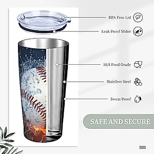 IYERSKD 3D Print Baseball White Ball in Fire and Water 20 oz Stainless Steel Tumbler Vacuum Insulated Leakproof Travel Mug for Car Office Gym