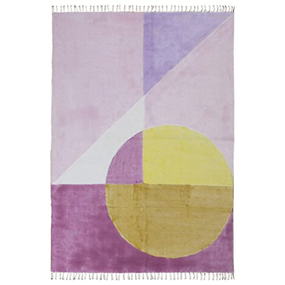 Casavani Hand Block Printed Cotton Dhurrie Geometric Pink & Yellow Tassel Rug Easy Care Washable Rugs for Doormat Entryway Living Room Bedroom Hallway Balcony 7x10 Feet
