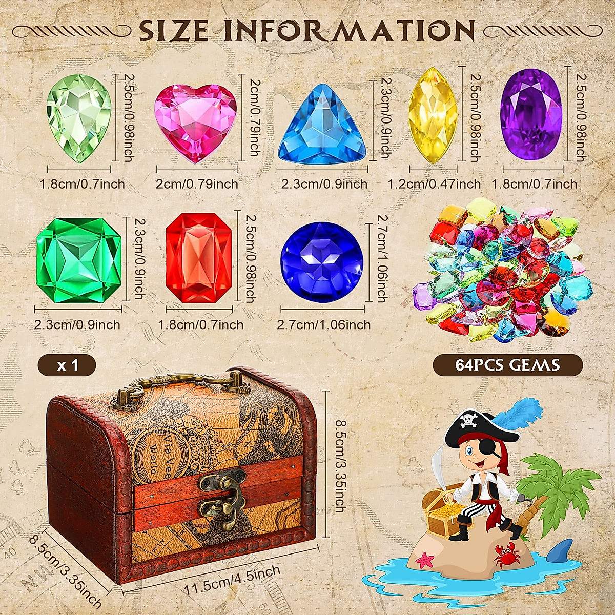 Yookeer 88 Pcs Pirate Treasure Chest for Kids Antique Color Big Treasure Chest Pirate Box Treasure Hunt Pirate Map Gold Coins Necklaces Gems for Pirate Themed Party Favors(Map Style)