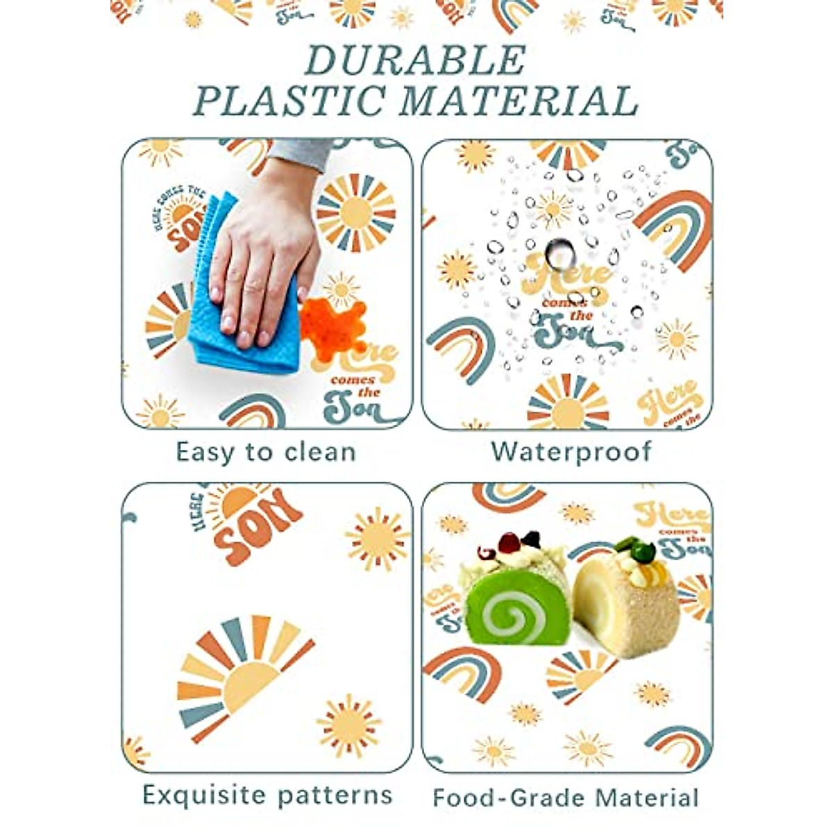 Lopeastar 3 Pieces Here Comes The Son Baby Shower Decorations Tablecloths, Large Size 54 x 108 Inch Rectangular Plastic Boho Sun Party Table Cover, Sunshine Table Cloths for Boys Kids