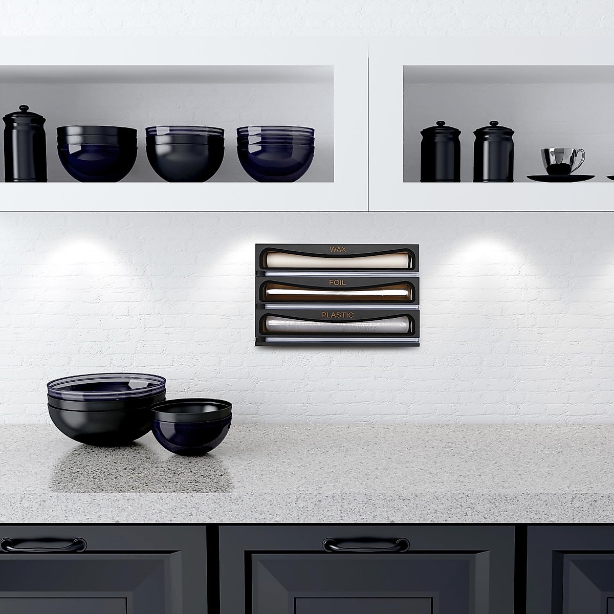 Cozee Bay Bamboo Wrap Dispenser with Cutter, Plastic Wrap Organizer, Aluminum Foil Organization, and Wax Paper Dispenser Holder for Kitchen Drawer and Wall, Compatible with 12" Roll (Black)