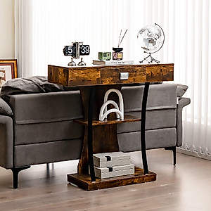 KOTEK Console Table with Storage Drawer & Shelves, 3-Tier Narrow Sofa Table, Behind Couch Table, Modern Foyer Table, Small Entryway Table for Living Room, Hallway (Rustic Brown)