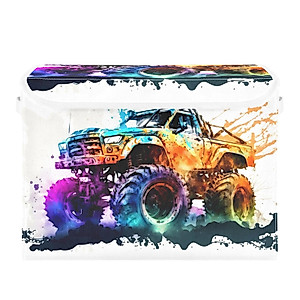 Vnurnrn Storage Bin with Lid Collapsible Rainbow Monster Truck Print, Large Capacity Foldable Storage Basket Cube for Clothes Toys 16.5×12.6×11.8 IN