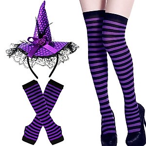 Asekonc Halloween Women’s Witch Hat Headband and 1 Pairs Long Striped Socks Knee High Stocking for Halloween Party Favors Supplies Cosplay Costume(Purple)