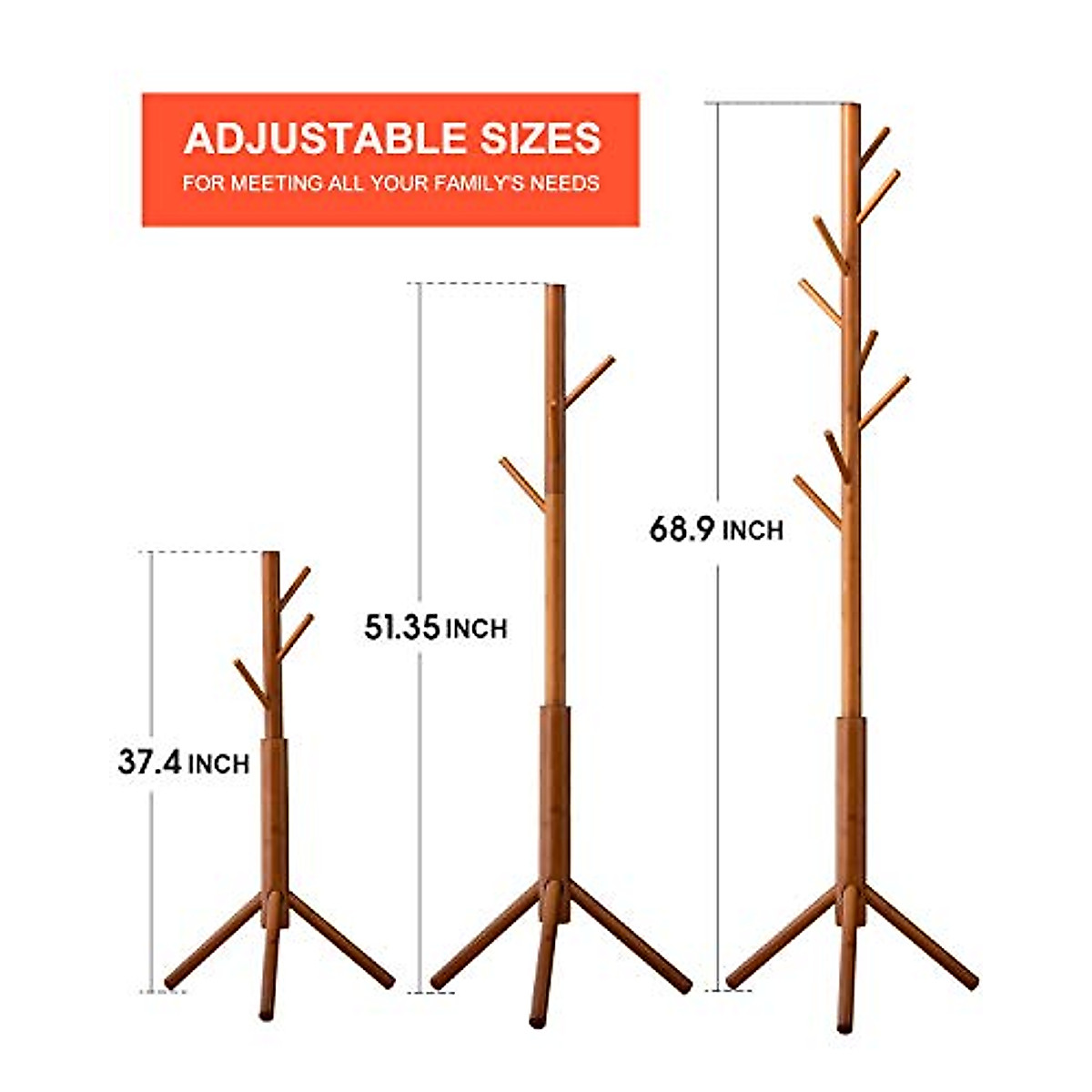 BMOSU Bamboo Coat Rack Freestanding Stand Tree Adjustable Coat with 3 Sections 8 Hooks Easy to Assemble Standing Coat Jackets Hanger for Bedroom Office Hallway Entryway Brown