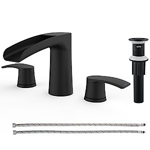 TIORIY Black Bathroom Faucets for 3 Holes Sink - 2-Handle Bathroom Sink Faucet with Drain for Sink 3 Hole, Waterfall Bathroom Faucet with Pop Up Sink Drain Stopper, Black Washbasin Faucet