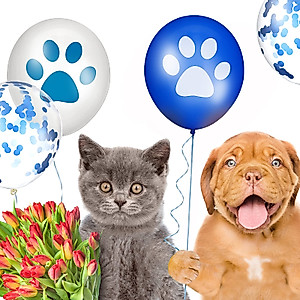 35 Pieces Paw Print Balloons Set 12 Inches Blue White Latex Confetti Balloons with 2 Pieces Ribbons for Birthday Wedding Baby Shower Celebration Graduation Party Balloons (Blue Series)