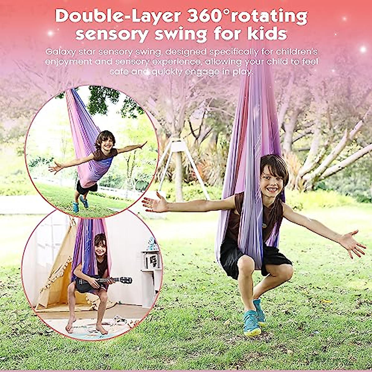Sensory Swing Indoor/Outdoor for Kids & Adults with Cartoon Fabric, Double Layer, Holds 300 lbs (Pink) - 360 Swivel Ceiling Swing