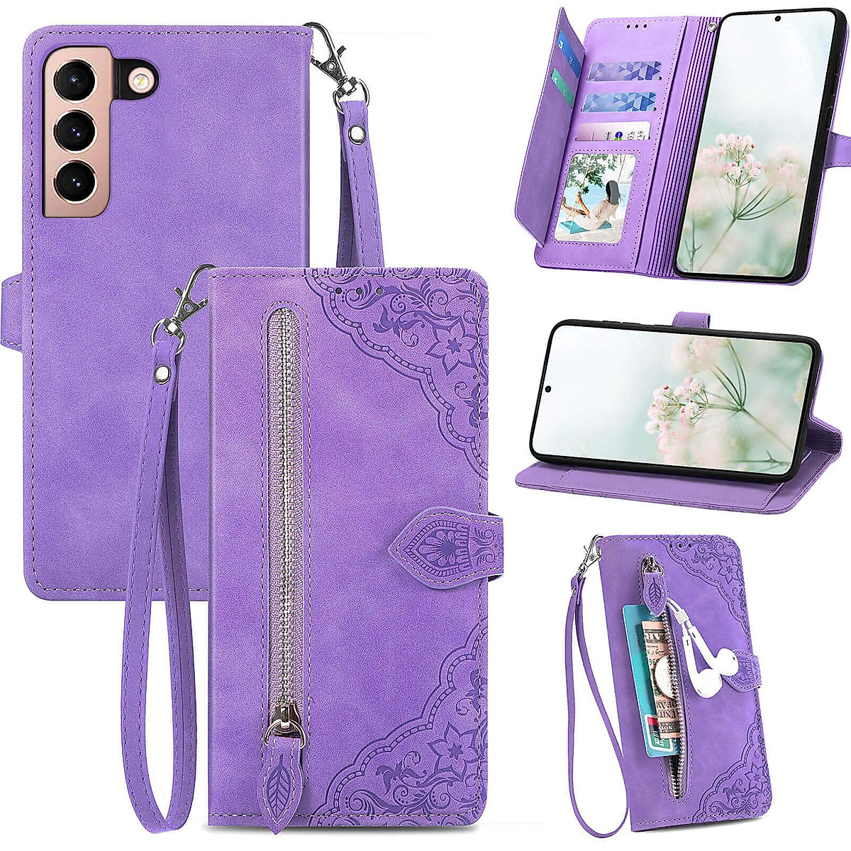 KRHGEIK for Samsung Galaxy S21 5G Phone Case Wallet for Women,Emboss PU Leather Cover Magnetic Wrist Strap Zipper Card Holder Flip Protective Case (Purple)