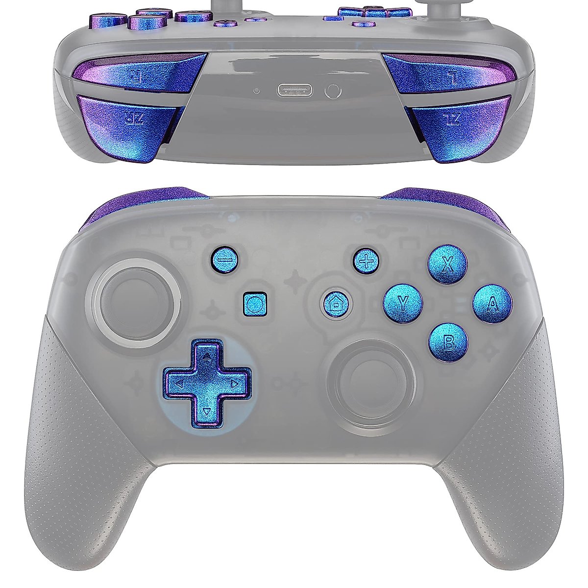 eXtremeRate Purple Blue Chameleon Repair ABXY D-pad ZR ZL L R Keys for Nintendo Switch Pro Controller, DIY Replacement Full Set Buttons with Tools for Nintendo Switch Pro - Controller NOT Included