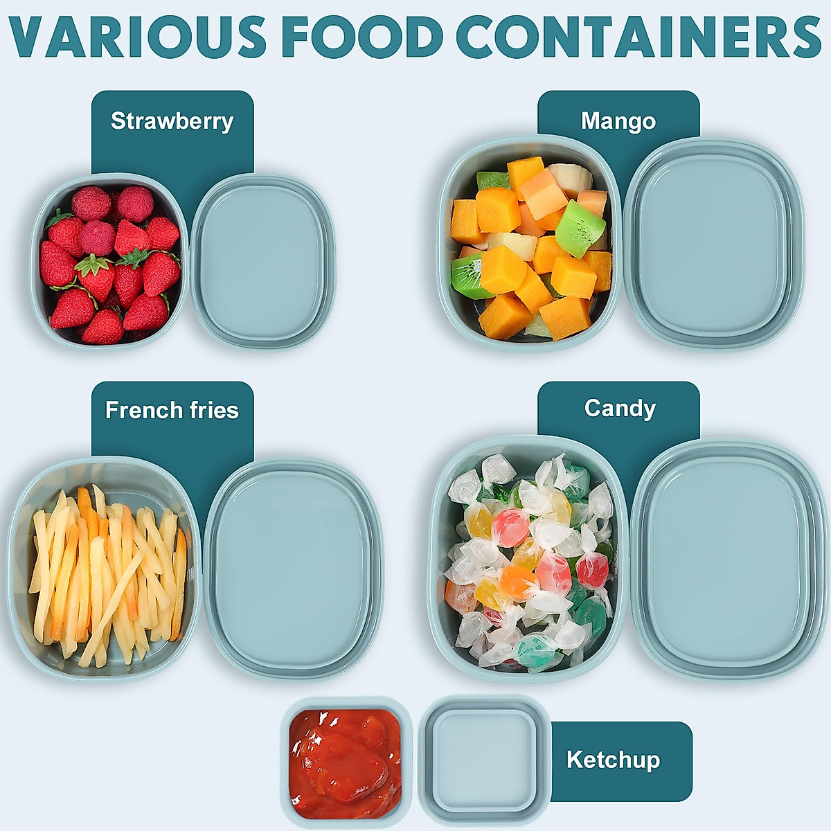 Yiyiring 5 Pcs Nesting Silicone Food Storage Containers with Lids Blue Silicone Bento Lunch Boxes Airtight Silicone Lunch Container, Microwave and Freezer Safe Lunch Supplies