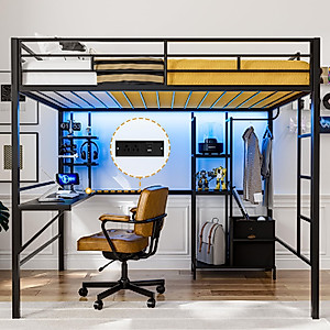 IKIFLY Loft Bed Twin Size with Desk and Storage Shelves, LED Lights & Charging Station, Metal Loft Bed with 13.4” Guardrail and Ladder, Large Fabric Basket, Clothes Rail, No Box Spring Needed, Black