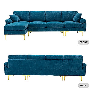 Pvillez Sectional Sofa with Chaise Lounge and Ottoman,Large Convertible Couches Set for Living Room,Plush Fabric L-Shape Couch with Golden Legs