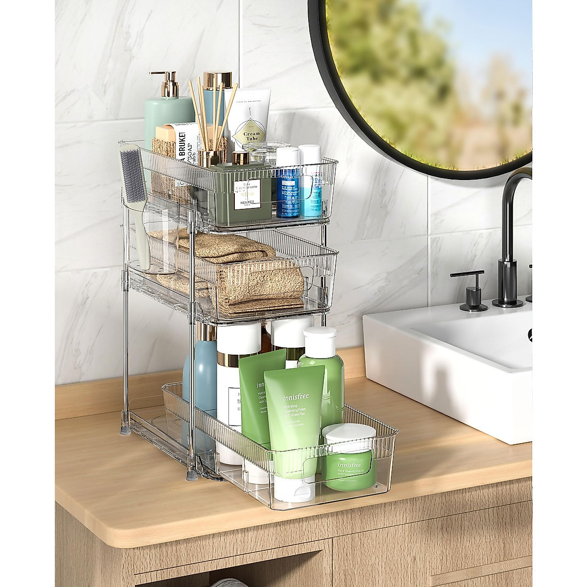 2 Pcs 3 Tier Clear Bathroom Organizer with Dividers, Multi-Purpose Pull-Out Pantry Organization and Storage, Under Sink Closet Organizers and Storage