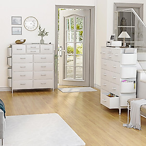Lulive Dresser for Bedroom with 12 Drawers, Tall Dresser Chest of Drawers with Side Pockets and Hooks, Fabric Dresser Storage Tower for Closet, Hallway, Living Room (White)