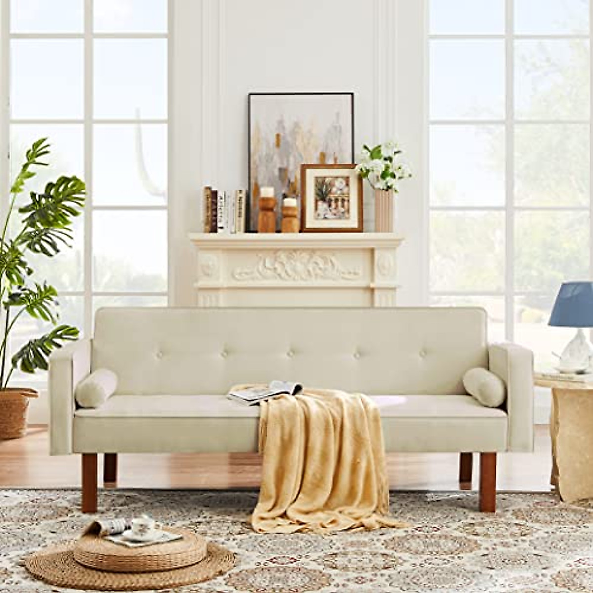 MMTGO L Shaped Reversible Sofa with Storage Chaise, 74.4 Inch, Beige