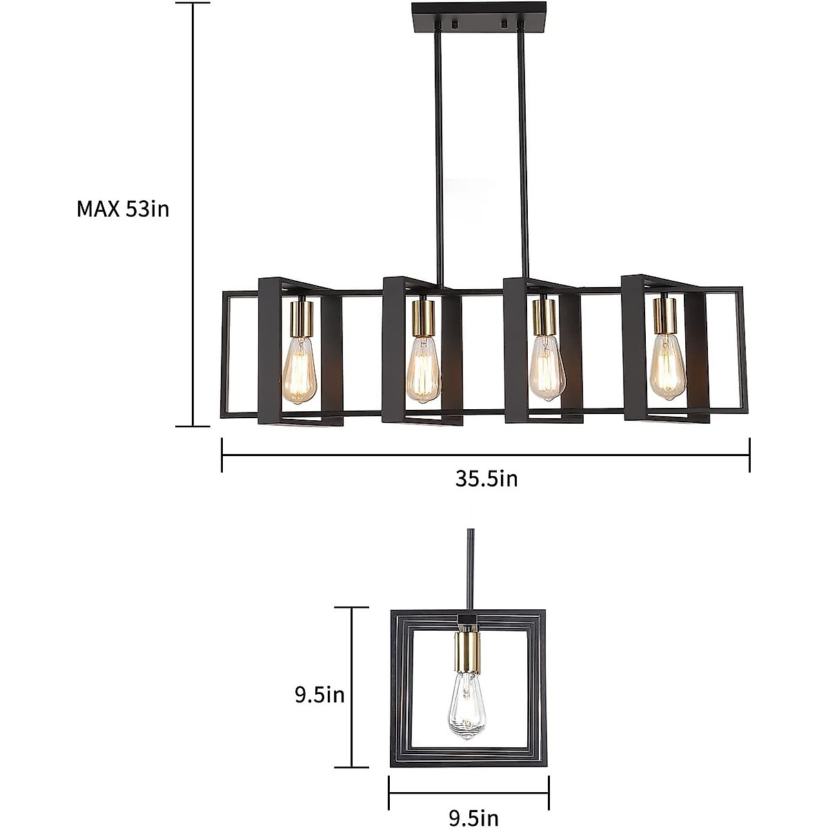 35.4" Kitchen Island Lighting Fixture, Dining Room 4 Lights Chandeliers, Black Wood+Metal Pendant Light for Foyer Hallway Living Room