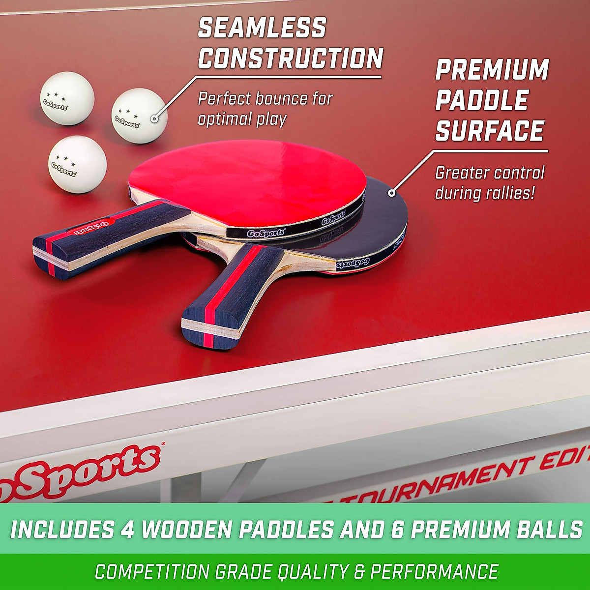 GoSports Tournament Edition Table Tennis Paddles Set of 4 Premium Wooden Paddles with Rubber Grip - Includes 4 Paddles and 6 Pro Grade Table Tennis Balls with Carrying Case