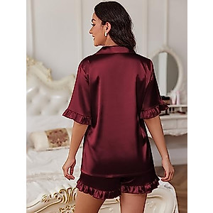 Ekouaer Plus Size Silk Pjs Women's Soft Satin Pajama Set Summer Short Nightwear Bridesmaid Pajamas Wine Red,XXL