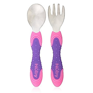 Nuby Stainless Steel Utensil, Pink/Purple, 2 Piece