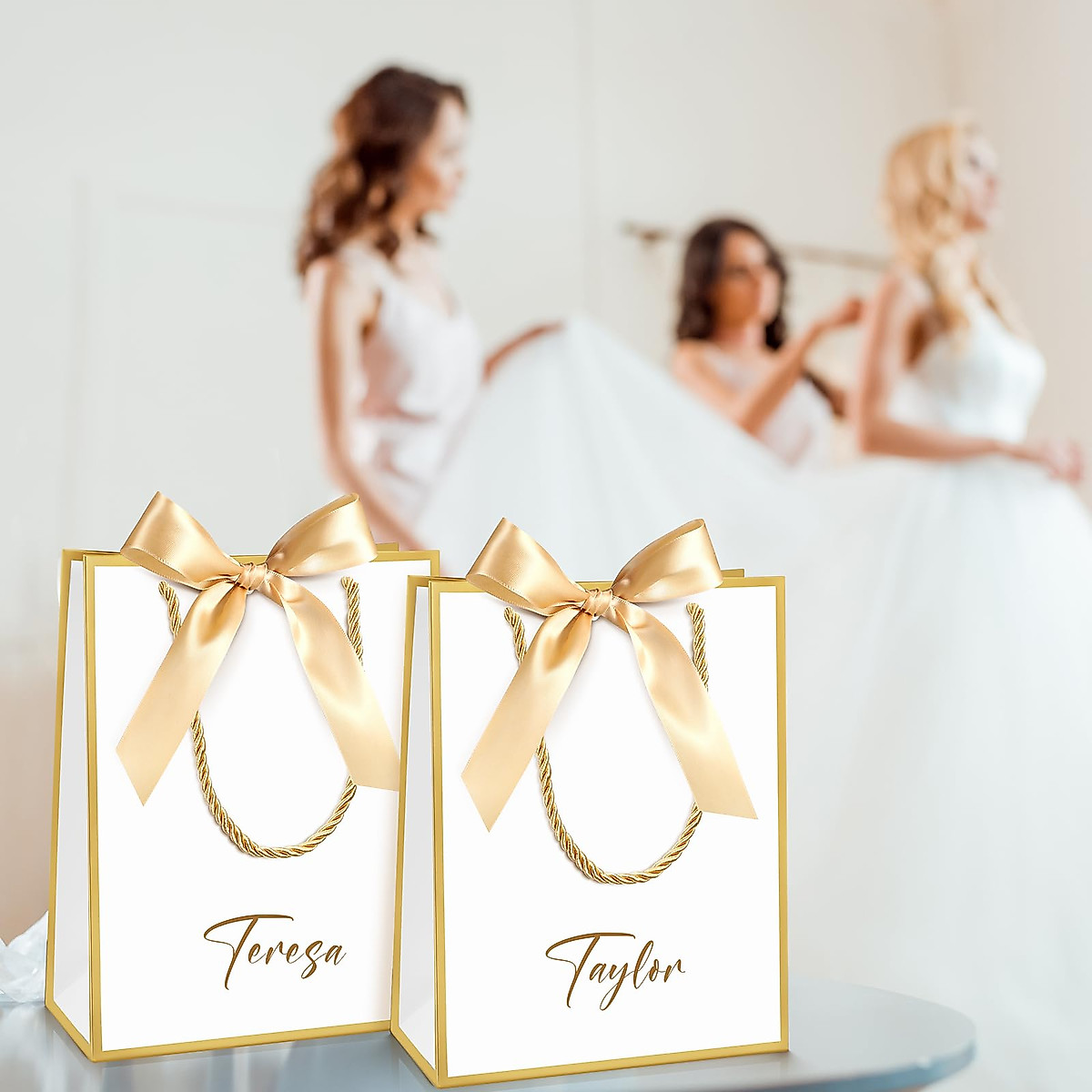 Silkfly 24 Pcs Thank You Gift Bags with Handles Blank Paper Bag Bulk with Bow Ribbon DIY 9 x 7 x 3.15'' Gift Wrapping Bags for Christmas Wedding Baby Shower Birthday Party Gift(White, Gold)