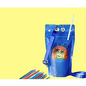 25 PCS Wearable Drink Pouches with Straw, Smoothies Bags, Heavy-Duty Stand Up Bags with Lanyard, Resealable and Reusable Pouches for Adults and Kids, Funnel Included (Blue)